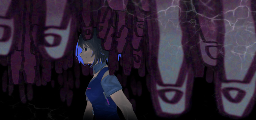 Safebooru - 1girl black background blue eyes blue hair blue vest bob cut closed mouth duoyun de ...