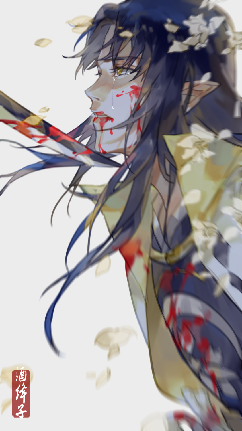 Safebooru - 1boy artist logo black hair blood blood from mouth blood on face crying crying with ...