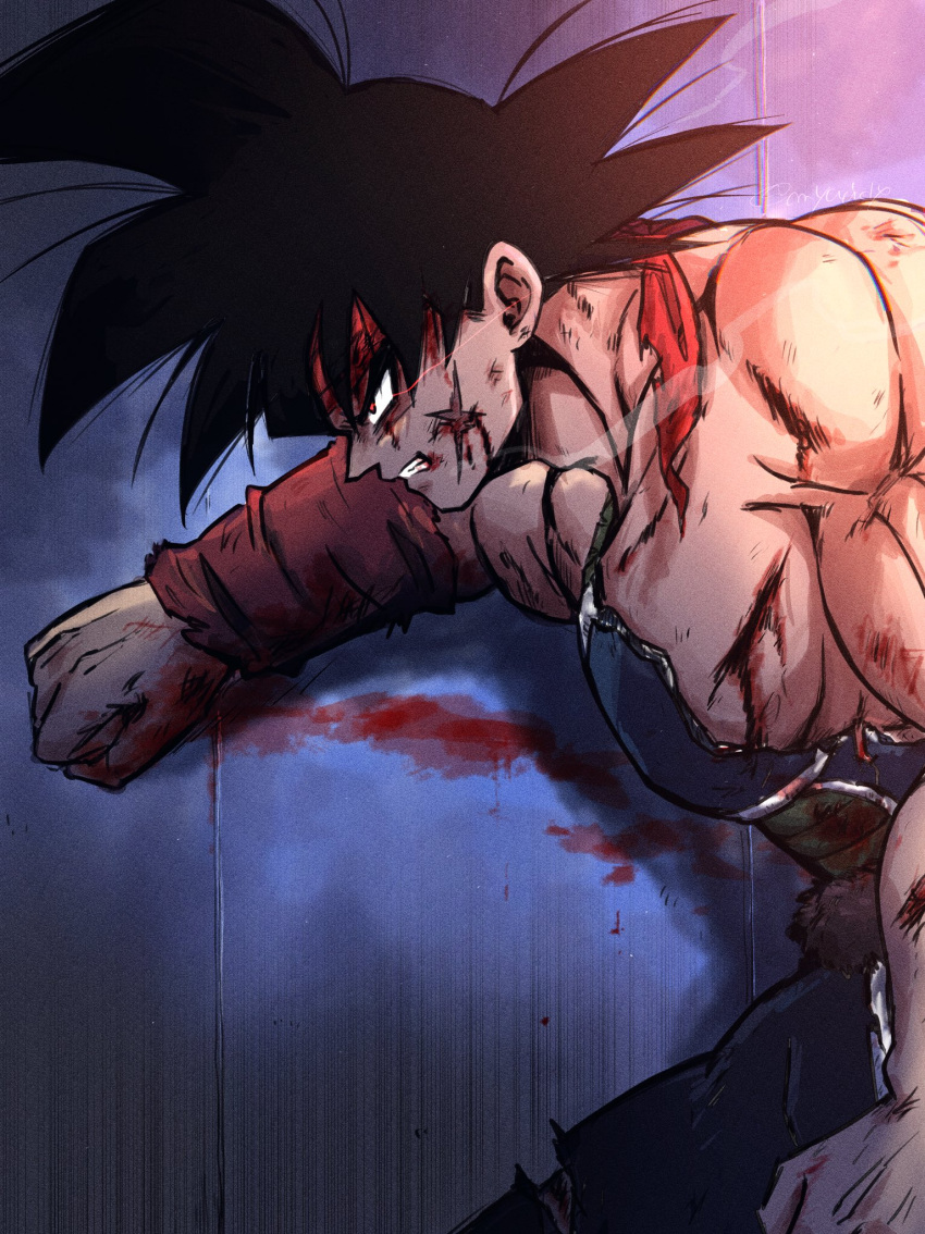 Safebooru - 1boy armor bardock battle damage black hair blood blood on body blood on hands ...