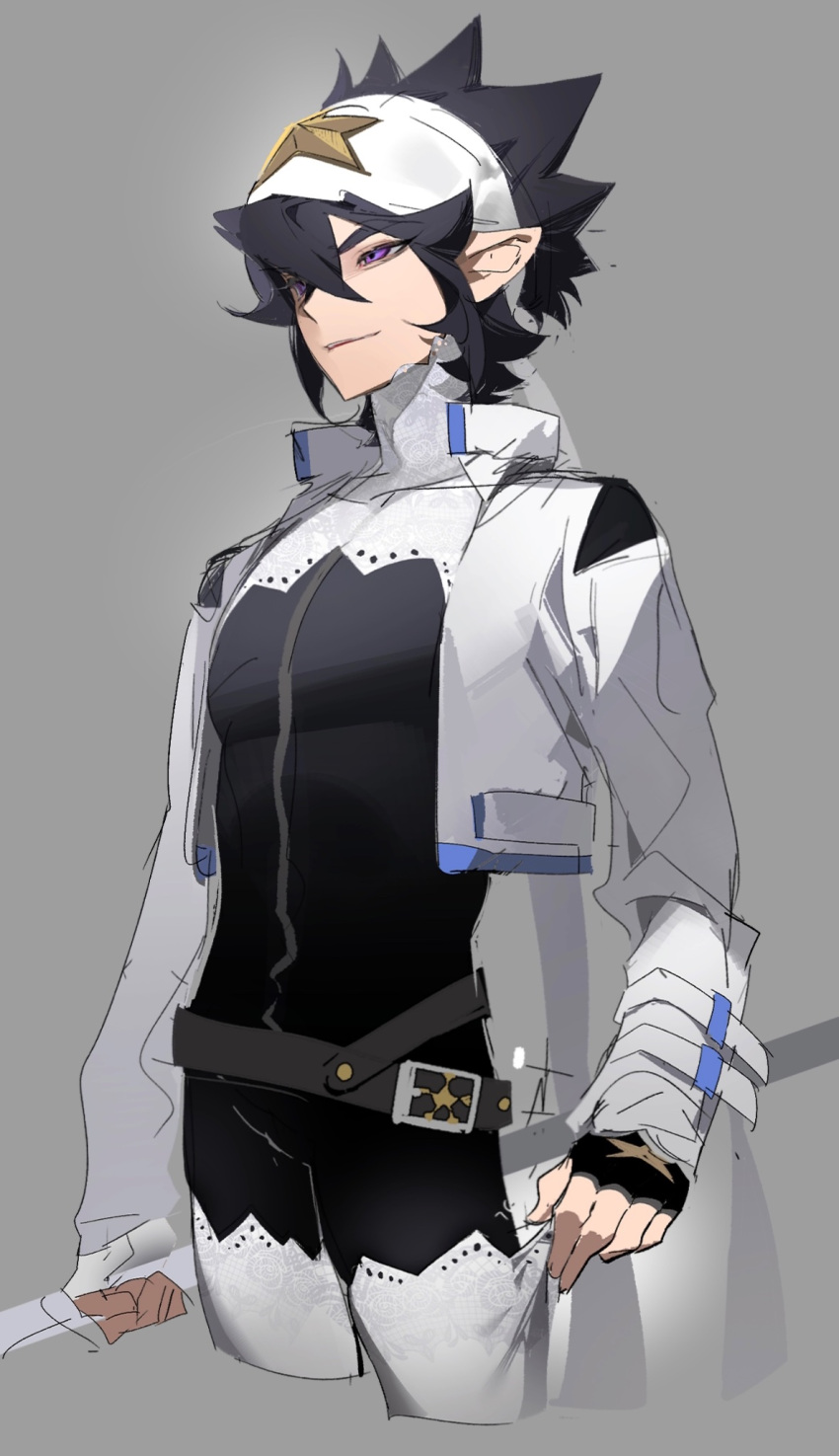 Safebooru - 1boy aotu world arm belt belt black gloves black hair closed mouth cropped jacket ...