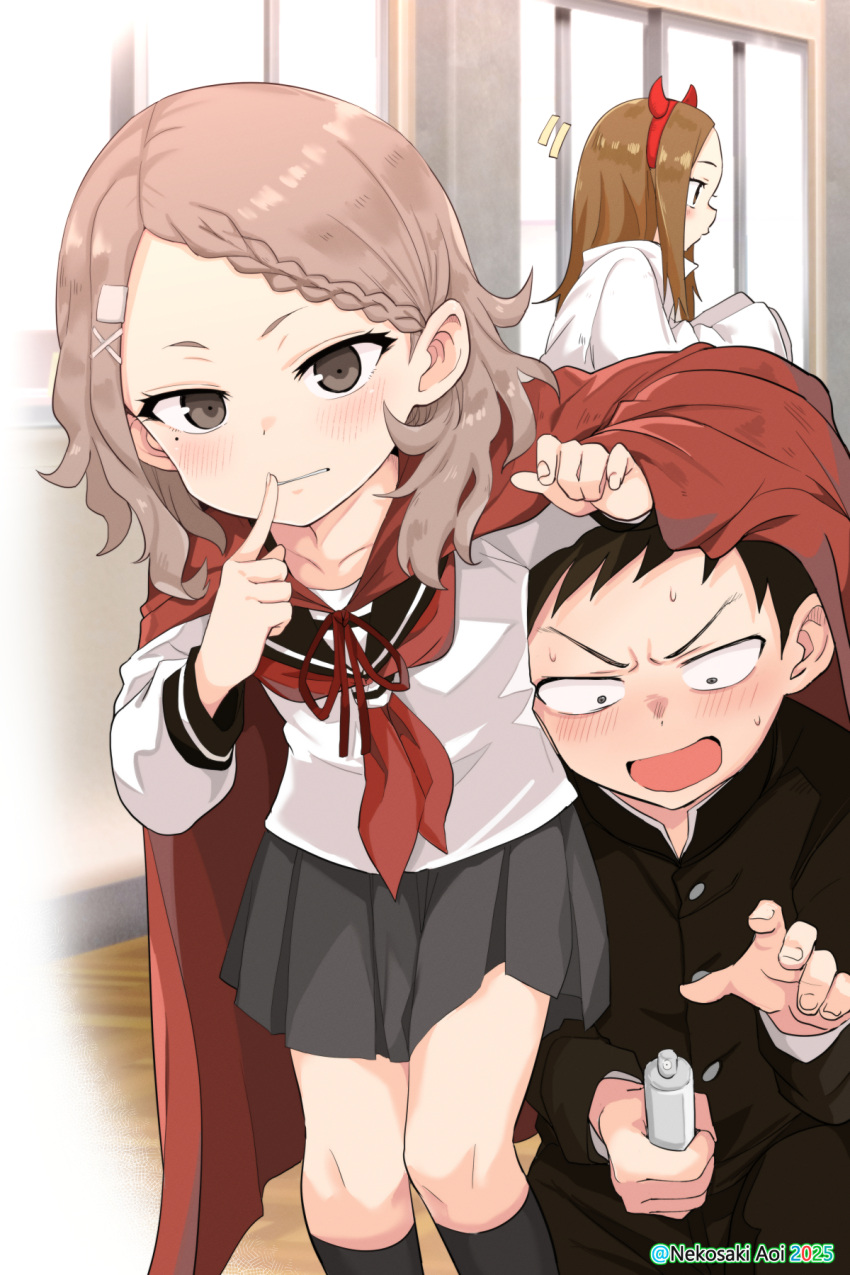 Safebooru - 1boy 2girls black hair blush braid brown eyes brown hair cape collarbone fake horns ...