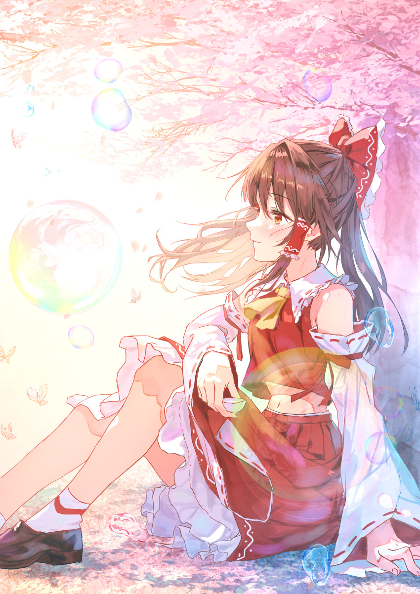 Safebooru - 1girl absurdres ascot bow brown hair bubble cherry blossoms closed mouth commentary ...