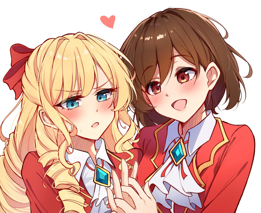 Safebooru - 2girls averting eyes blonde hair blue eyes blush bow brown eyes brown hair claire ...