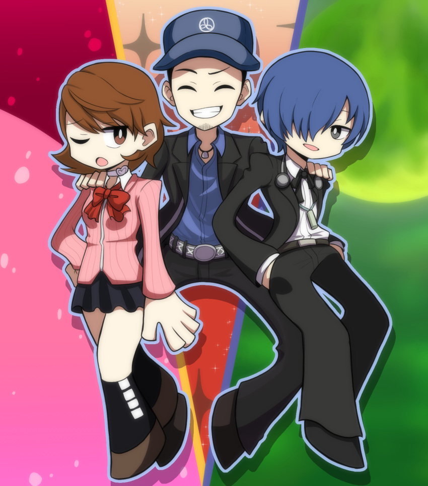 Safebooru - 1girl 2boys baseball cap belt black hair black jacket black pants black ribbon black ...