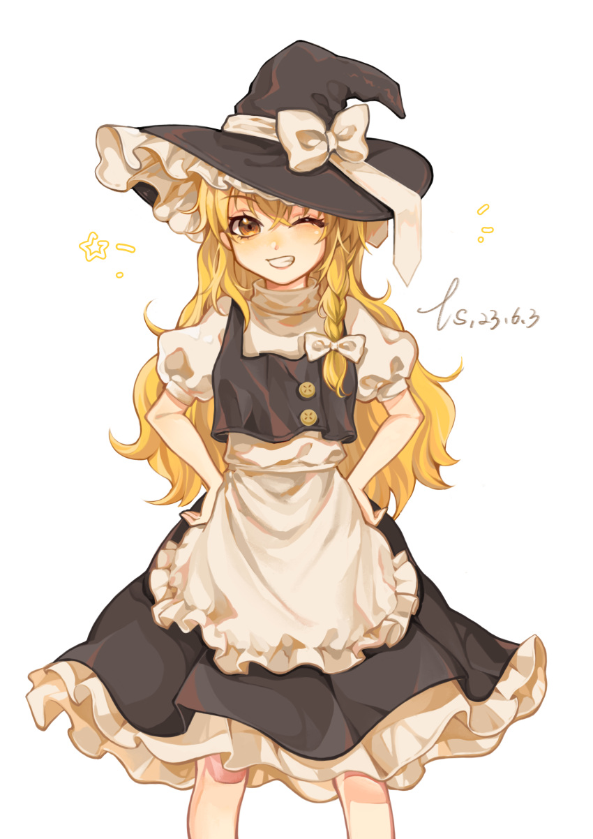 Safebooru - 1girl absurdres apron black hat black skirt black vest bow braid commentary grin ...