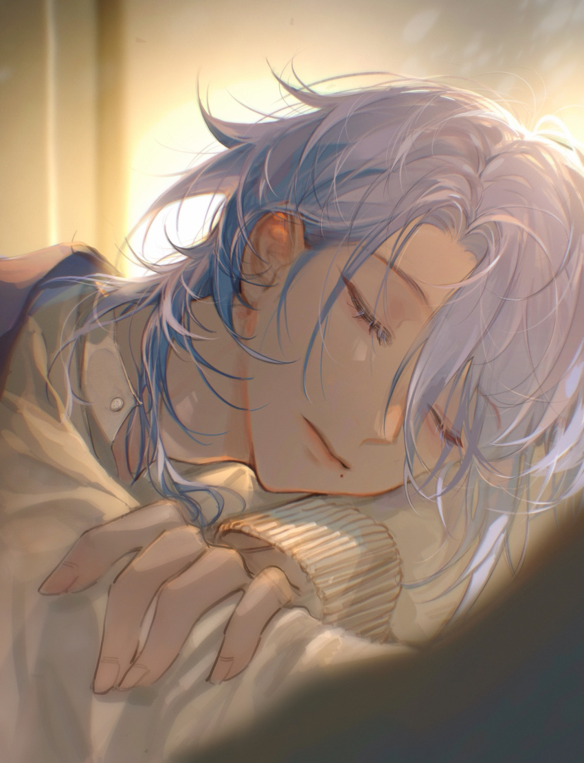 Safebooru - 1boy absurdres arm pillow backlighting blue hair closed eyes closed mouth curtained ...