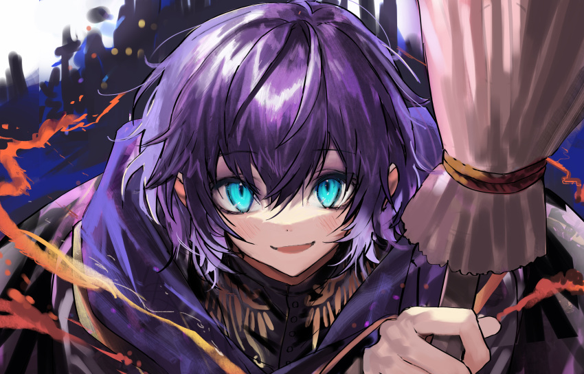 Safebooru - 1boy abstract background absurdres androgynous aqua eyes black shirt blush broom ...