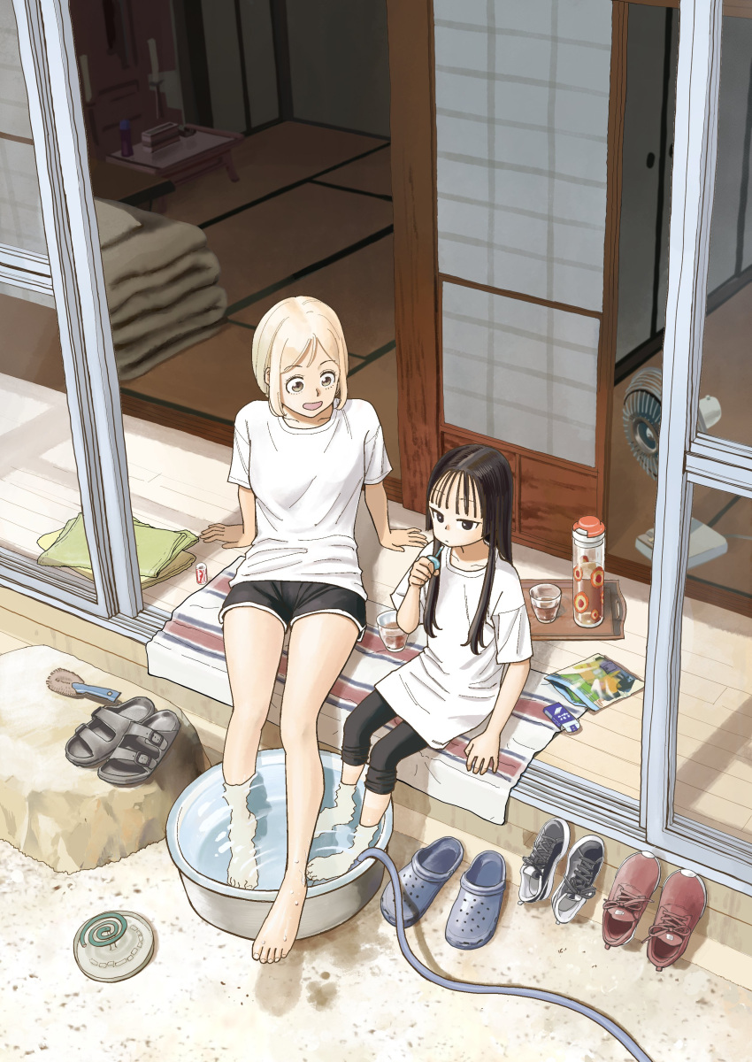 Safebooru - 2girls :d absurdres age difference amano saku arm support ...
