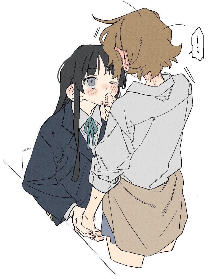 Safebooru - 2girls akiyama mio black hair black jacket blush brown hair clothes around waist ...