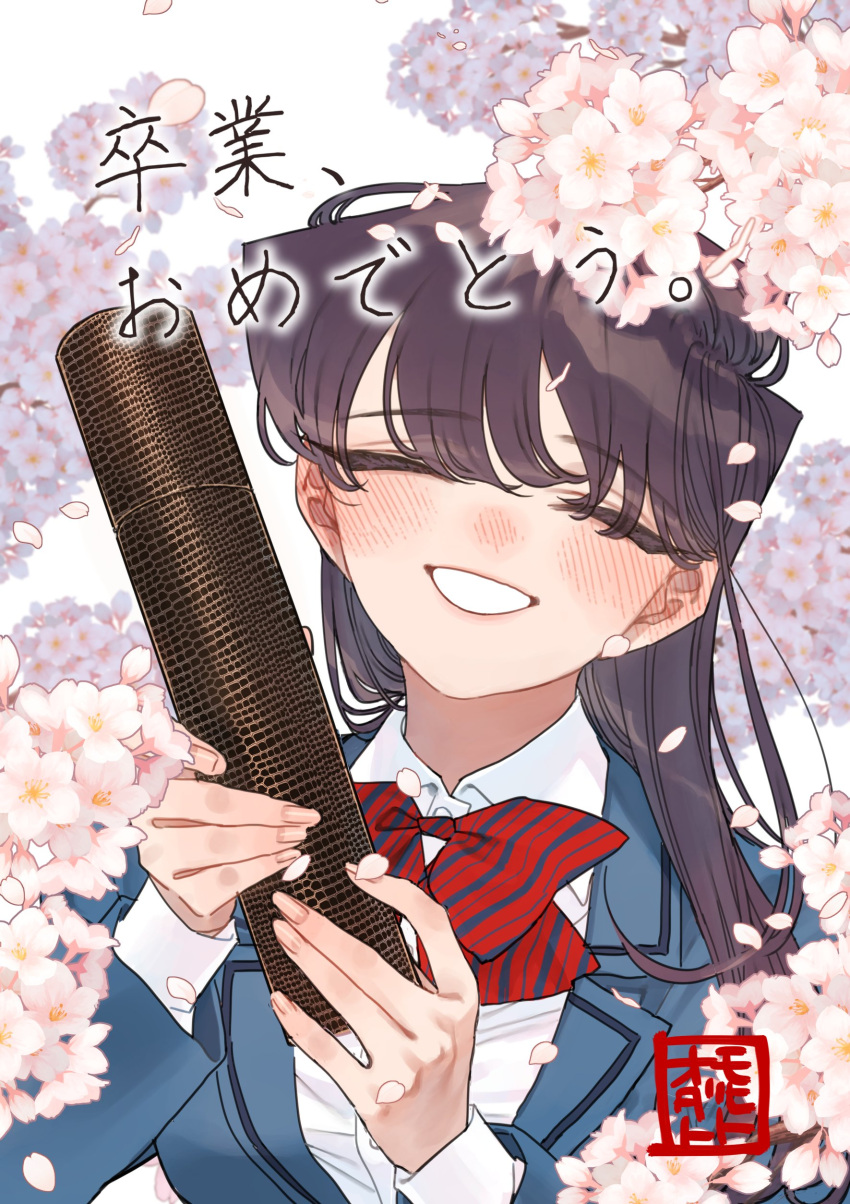 Safebooru - absurdres black hair blue shirt blush bow cherry blossoms ...