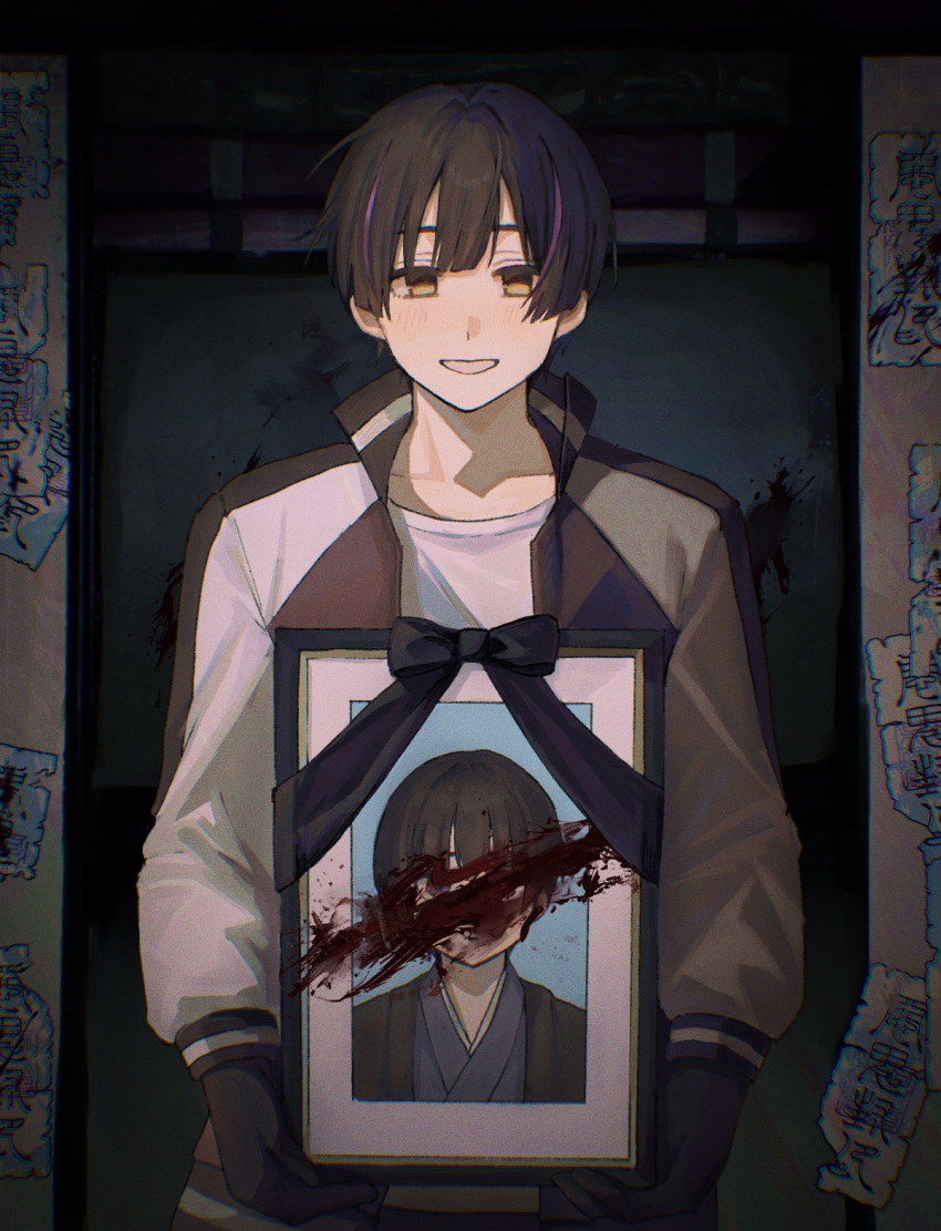 Safebooru - 1boy axis powers hetalia black gloves black hair blood blush brown jacket collarbone ...