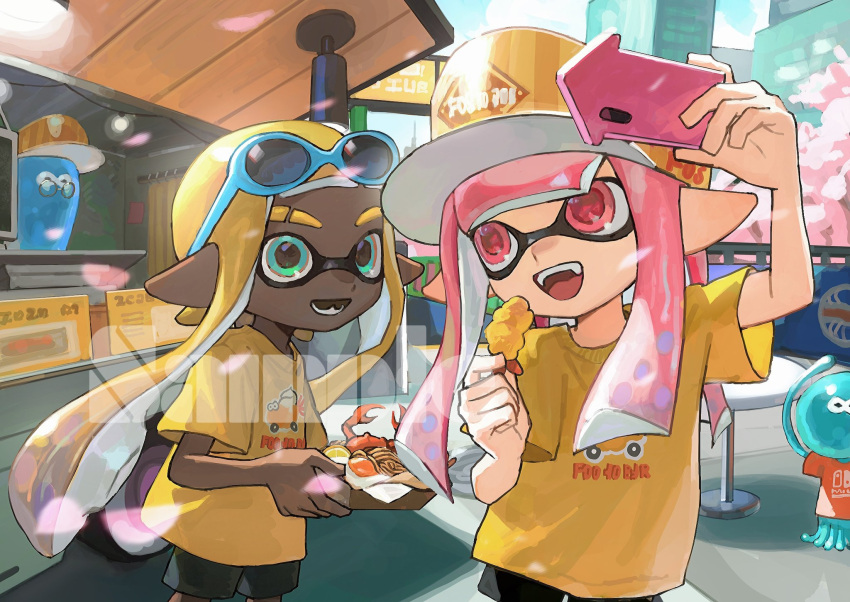 Safebooru - 2girls aqua eyes arm up black shorts blonde hair blue ...