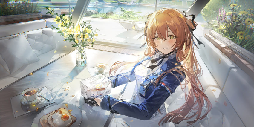 Safebooru - 1girl black gloves black ribbon blue jacket blush box bread bread slice cup dalanxia ...