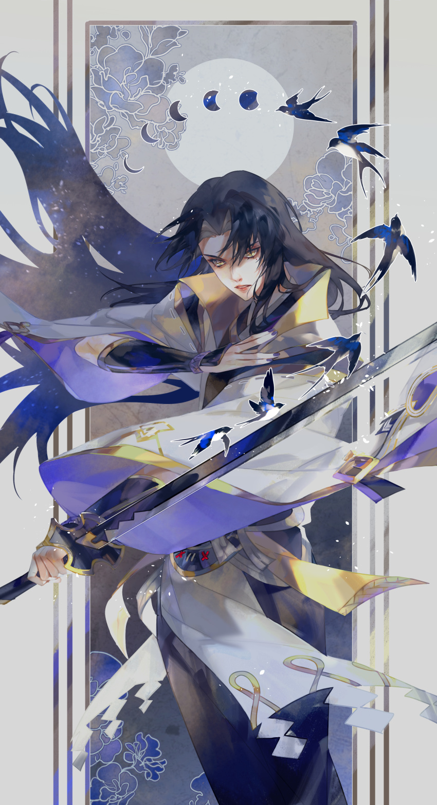 Safebooru - 1boy absurdres bird bishounen black hair closed mouth highres holding holding sword ...