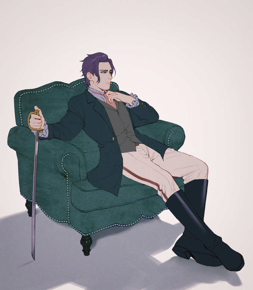Safebooru - 1boy ace attorney aqua jacket armchair barok van zieks black boots blue eyes blue ...