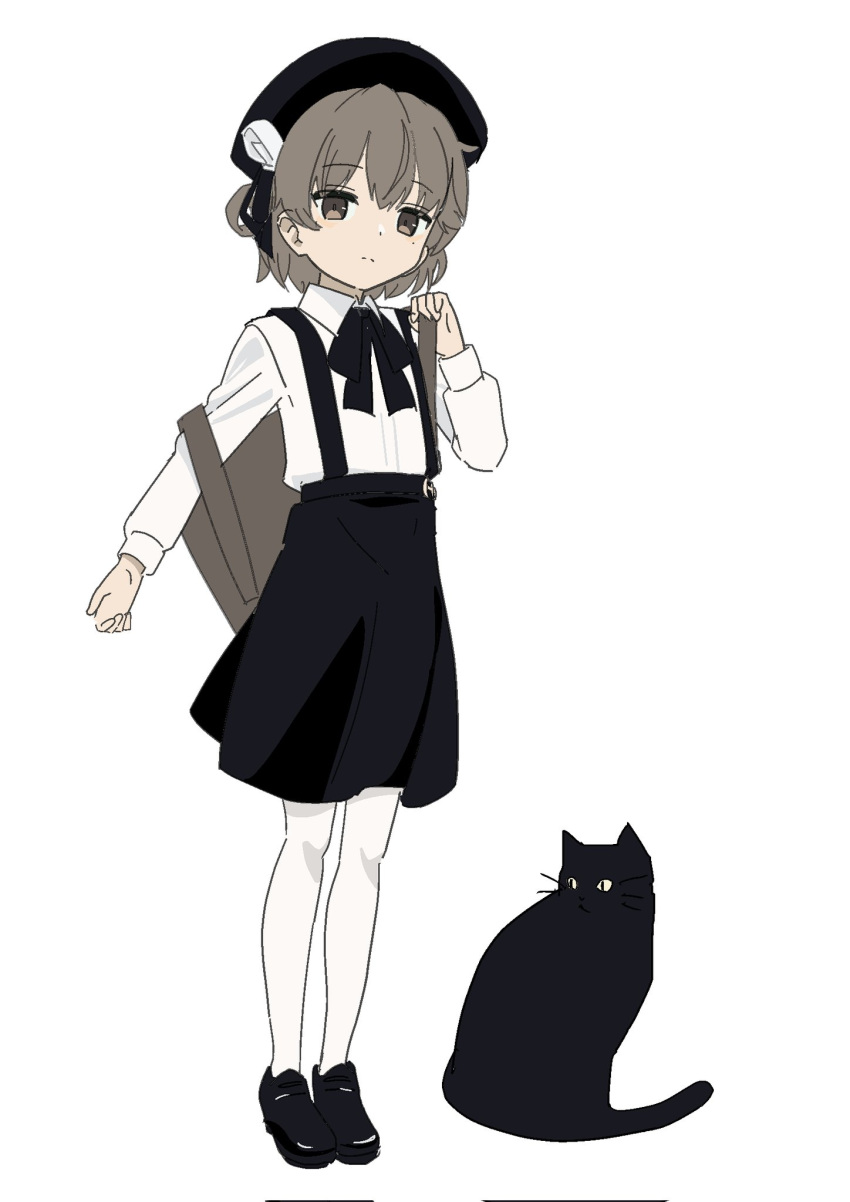 Safebooru - 1girl backpack bag beret black bow black bowtie black cat black shoes black skirt ...