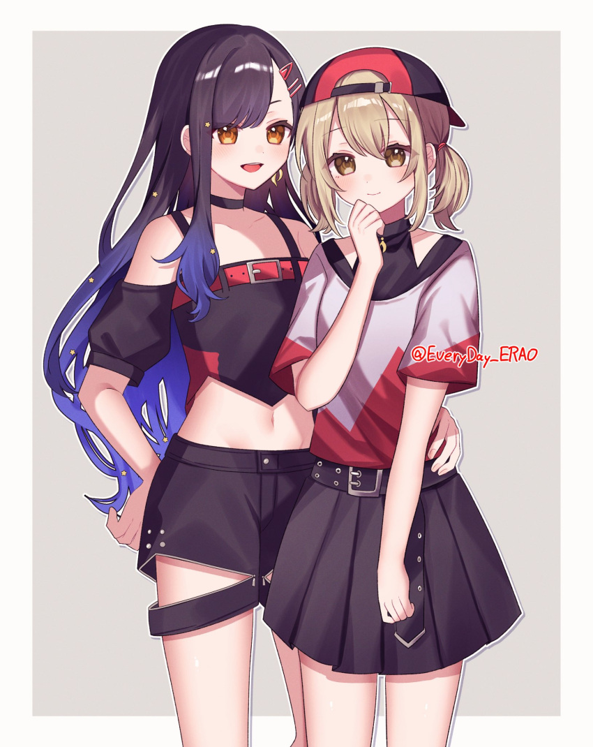 Safebooru - 2girls azusawa kohane baseball cap black choker black shirt black shorts black skirt ...