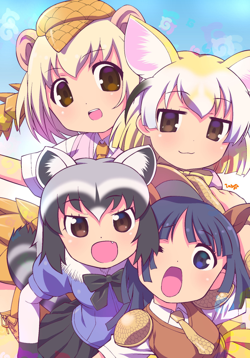 Safebooru - 4girls :3 :d animal ear fluff animal ears armadillo ears black bow black bowtie ...