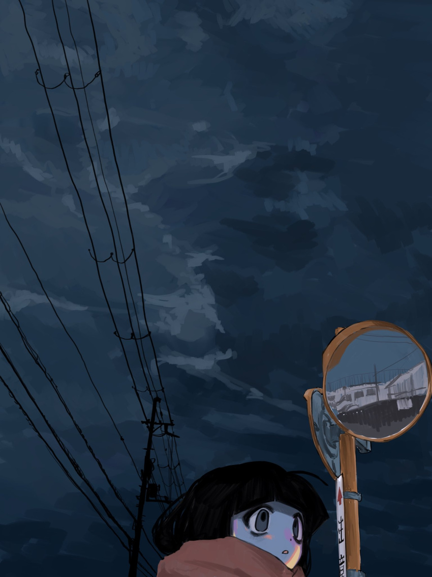 Safebooru - 1girl ahoge bags under eyes black hair clouds cloudy sky dot nose grey eyes highres ...