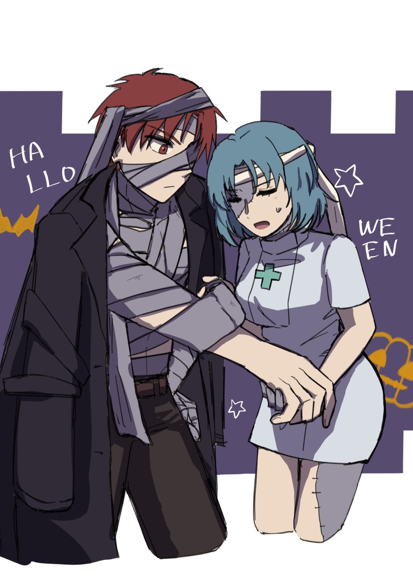 Safebooru - 1boy 1girl alen (fire emblem) bandages black coat black pants blue hair closed eyes ...