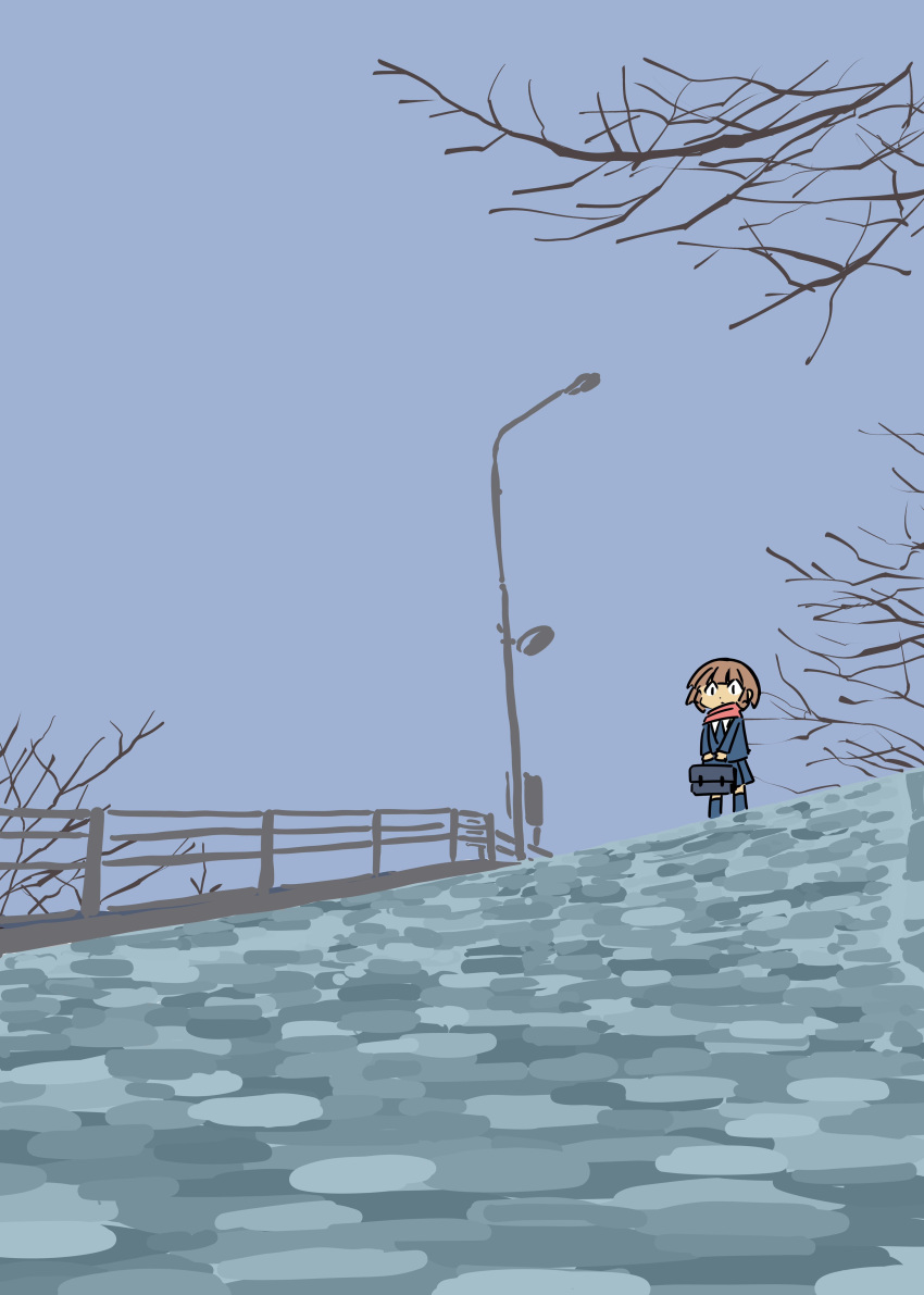 Safebooru - 1girl absurdres bag bare tree blue jacket blue skirt blue sky blue socks brown hair ...