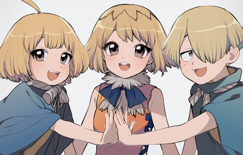 Safebooru - 1boy 2girls absurdres bad id bad pixiv id blonde hair blue shirt blush brown eyes ...