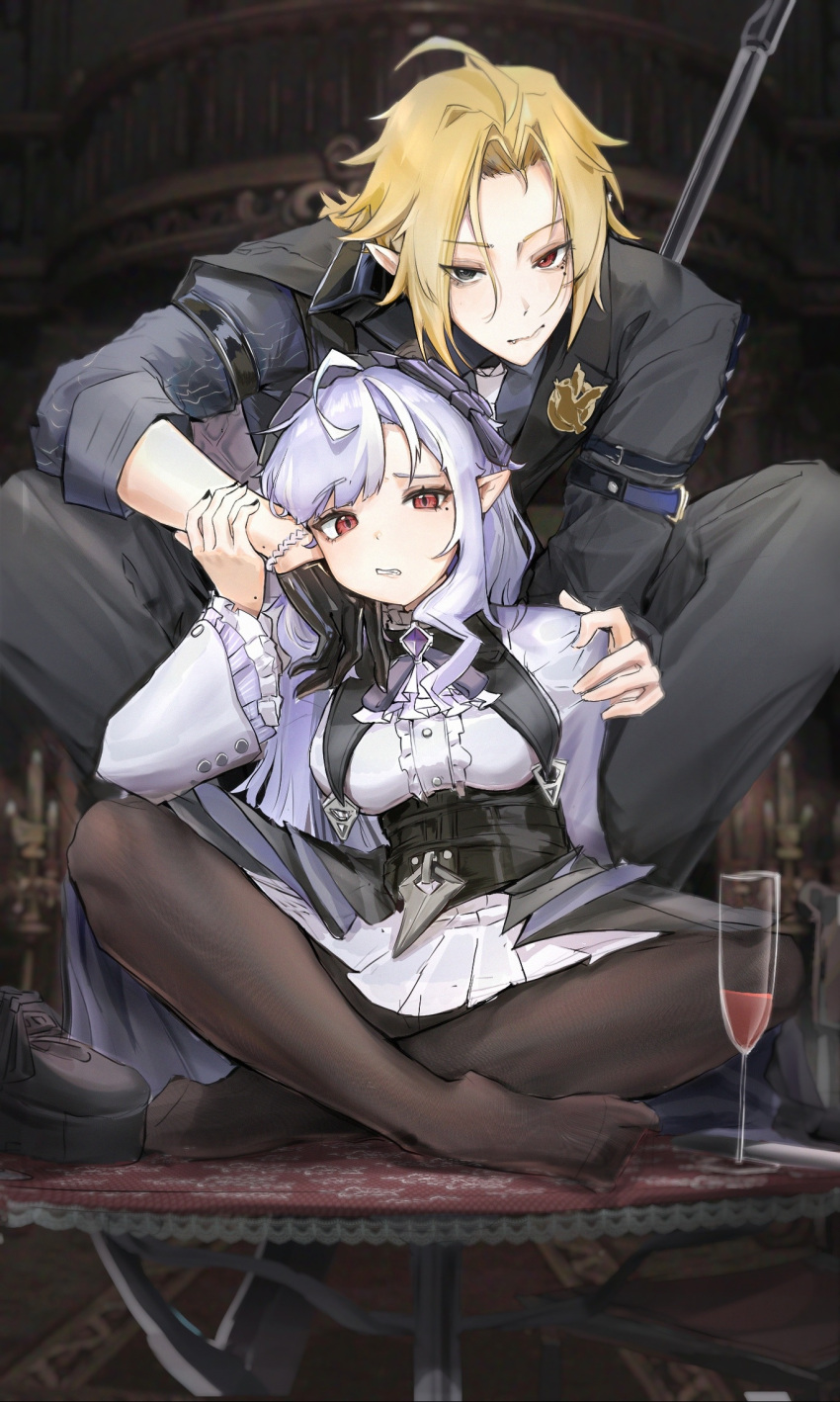 Safebooru - 1boy 1girl ahoge black gloves black jacket black pants black pantyhose black shoes ...