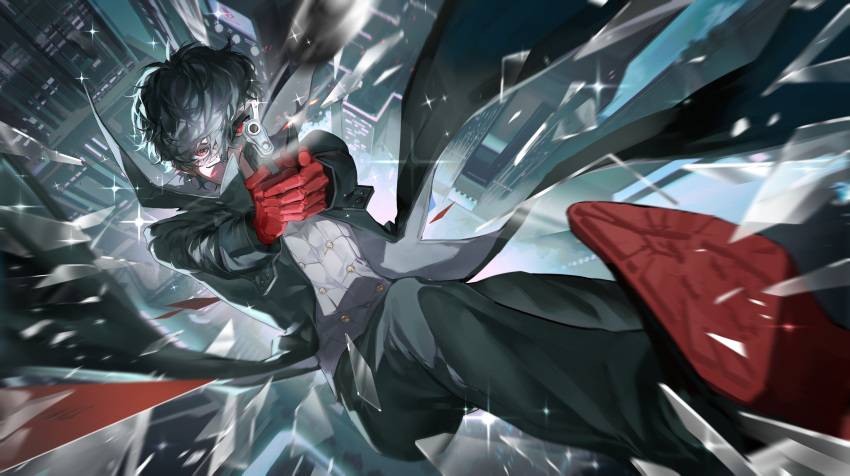 Safebooru - 1boy absurdres aiming amamiya ren black coat black hair black pants black shoes ...