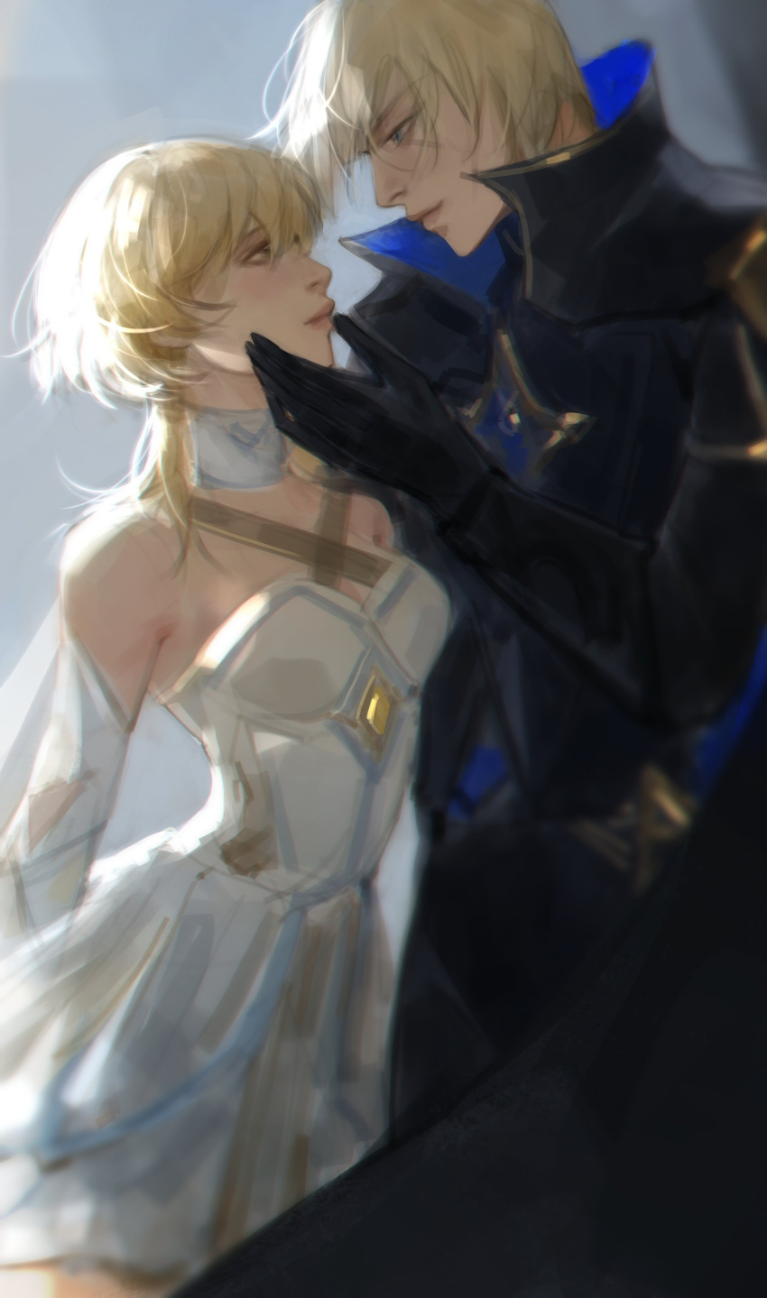 Safebooru - 1boy 1girl absurdres alternate costume bare shoulders black coat black gloves blonde ...