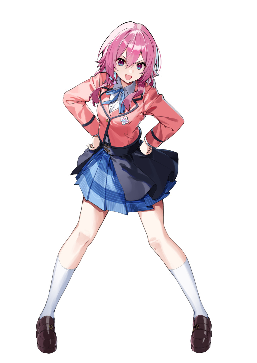 Safebooru - 1girl absurdres black overskirt blue eyes blue ribbon blue skirt breasts brown shoes ...