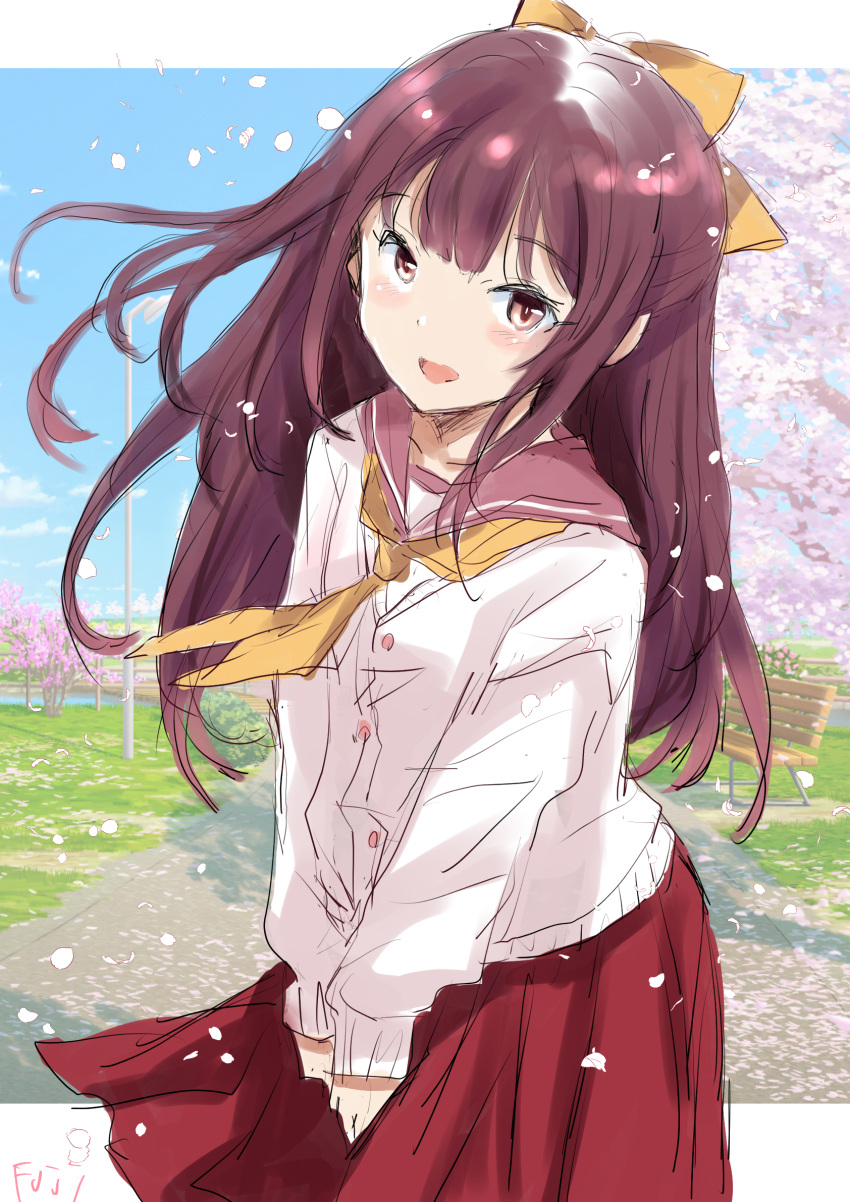 Safebooru - 1girl alternate costume blue sky bow bowtie brown eyes cardigan clouds commentary ...