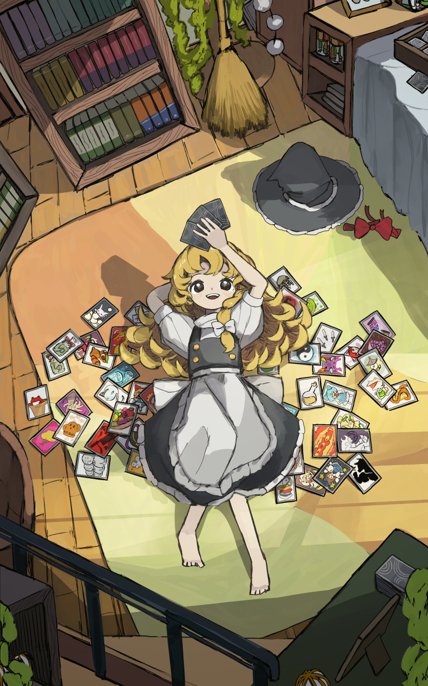 Safebooru - 1girl absurdres apron arm behind head arm up back bow barefoot black eyes black hat ...