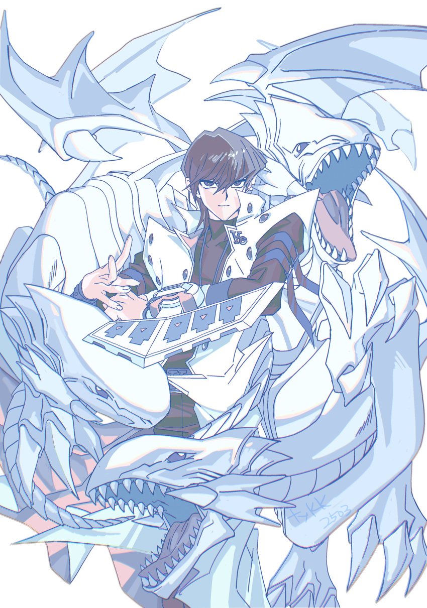Safebooru - 1boy absurdres black shirt blue-eyes white dragon brown hair coat cowboy shot dragon ...