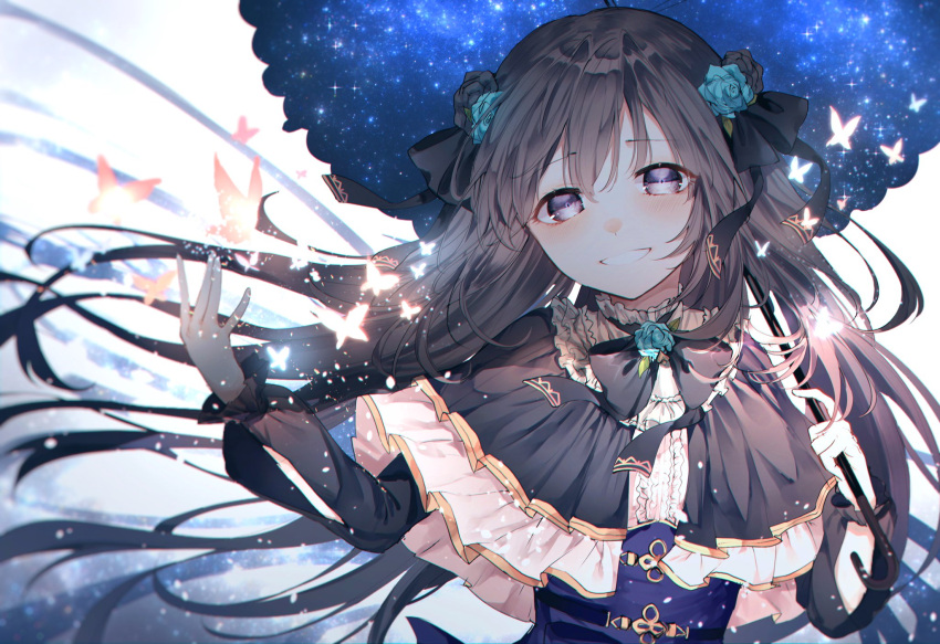 Safebooru - 1girl aqua flower aqua rose arcaea belt black dress brown hair bug butterfly capelet ...