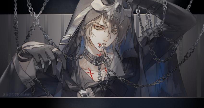 Safebooru - 1boy absurdres arknights artist name bishounen black gloves blood brown eyes brown ...