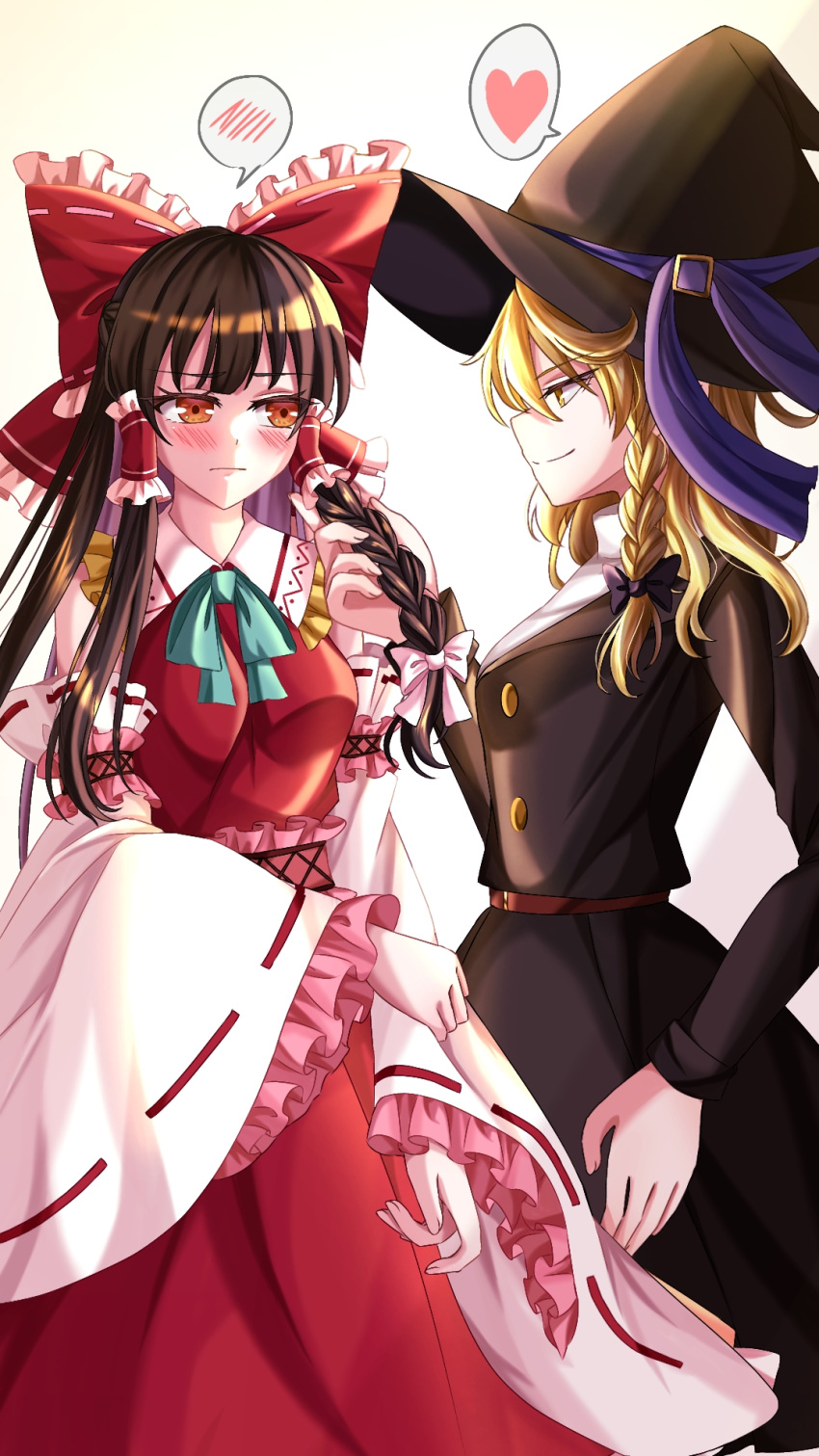 Safebooru - 2girls alternate hairstyle black bow black hat black skirt blonde hair blush bow ...