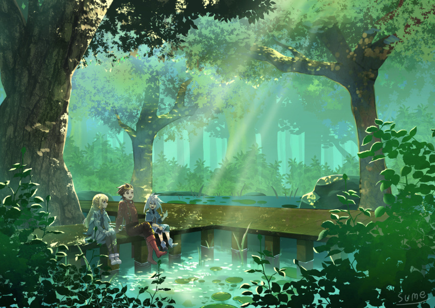 Safebooru - 1girl 2boys black undershirt blonde hair blue jacket brown ...