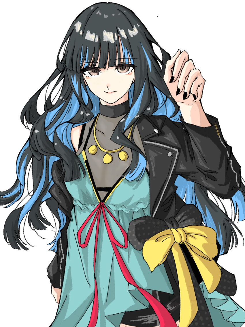 Safebooru 5jskyk Aqua Dress Black Hair Black Jacket Black Nails Blue 9774
