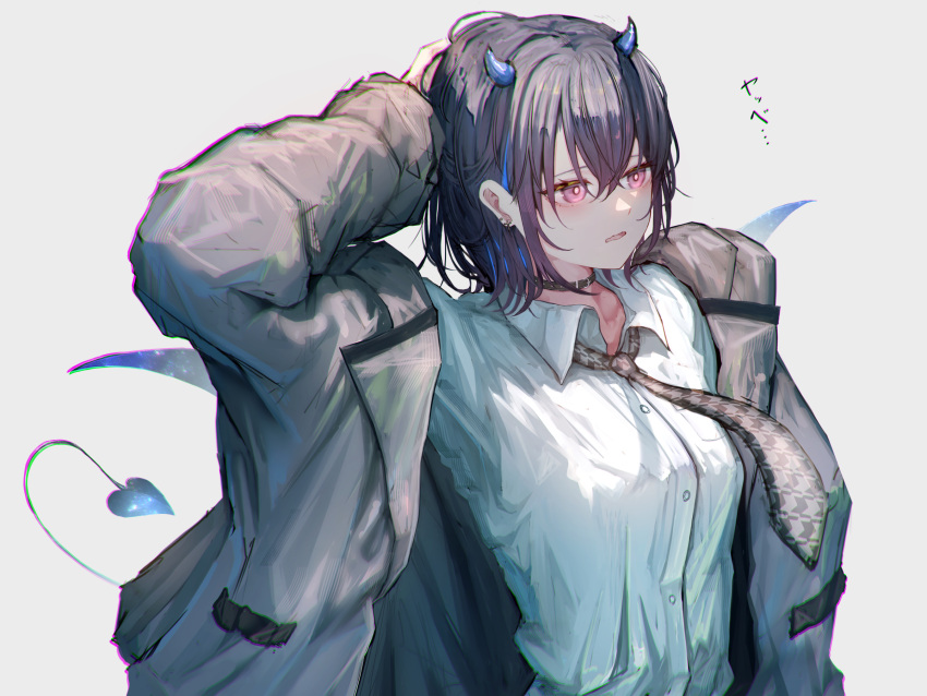 Safebooru - 1girl arm behind head belt collar black hair blazer blue horns collar collared shirt ...