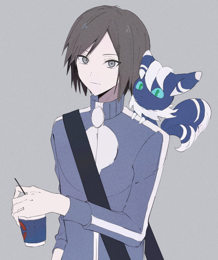 Safebooru - 1boy calem (pokemon) closed mouth commentary cup grey ...