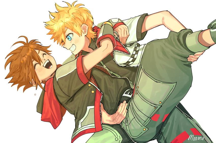 Safebooru - 2boys absurdres blonde hair blue eyes blush carrying carrying person clenched teeth ...