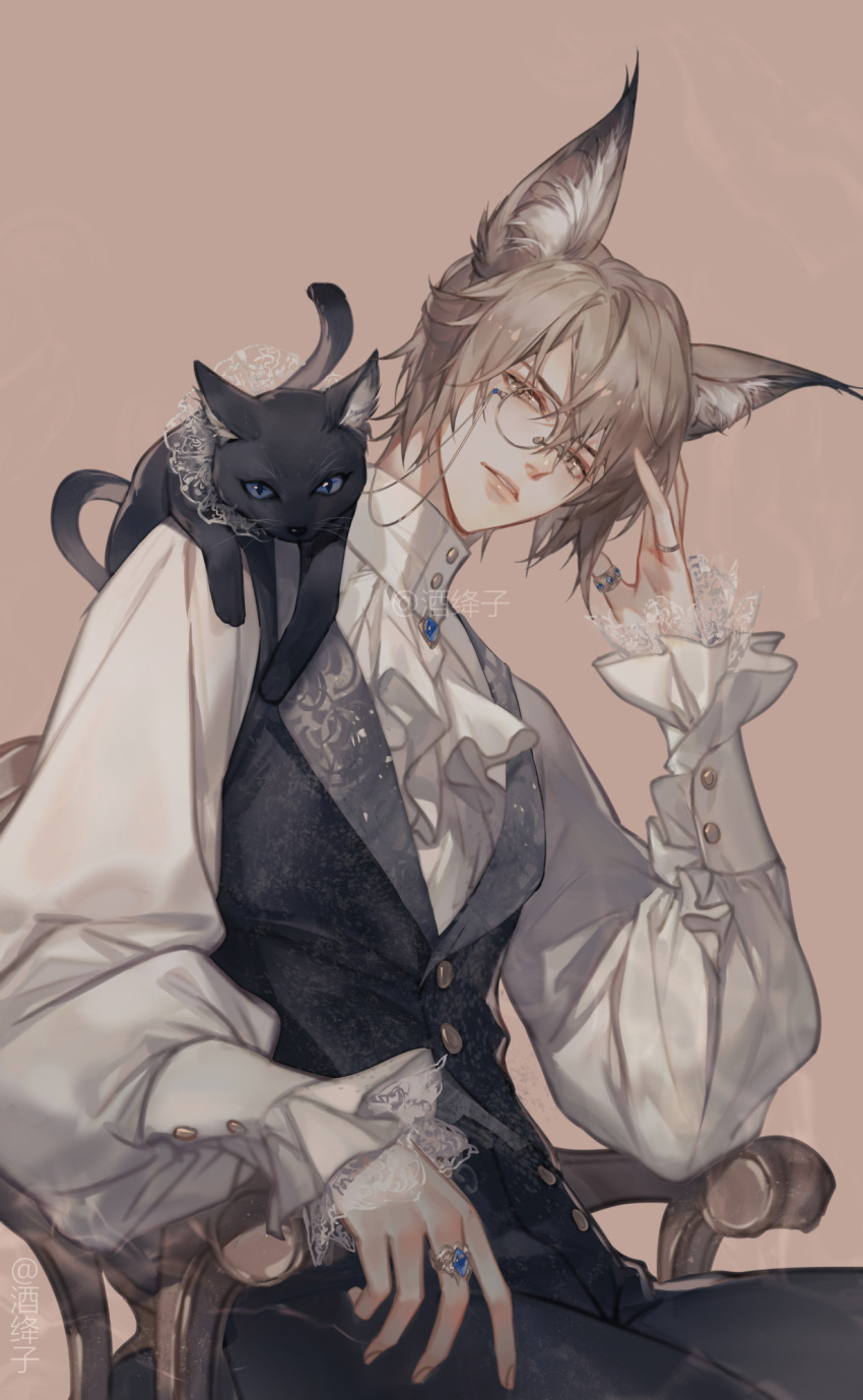 Safebooru - 1boy animal ear fluff animal ears animal on shoulder arknights artist name ascot ...