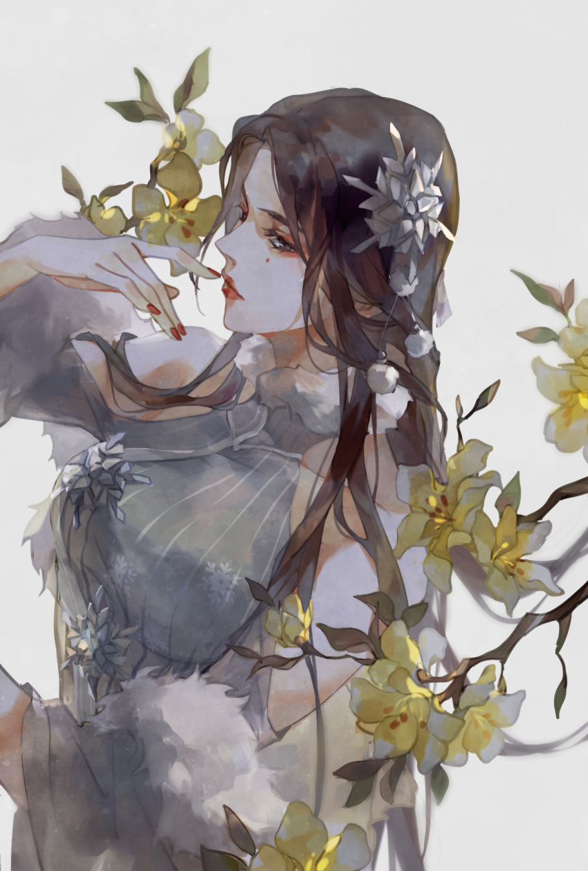 Safebooru - 1girl bare shoulders black hair blue eyes branch brown hair dress flower fur trim ...