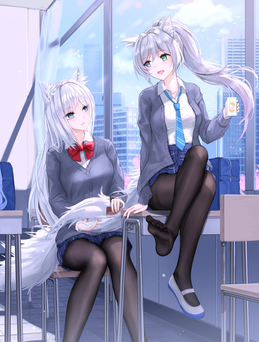 Safebooru - 2girls animal ears black pantyhose blue eyes grey hair highres long legs multiple ...