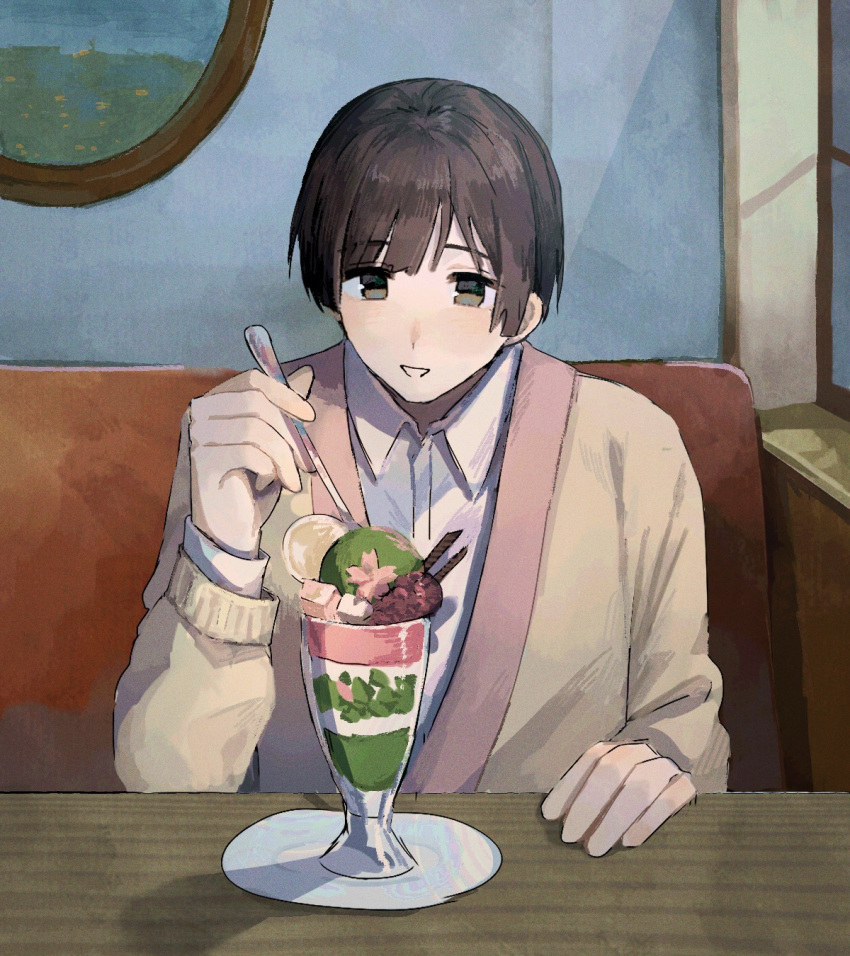 Safebooru - 1boy alternate costume axis powers hetalia brown eyes brown hair cafe collared shirt ...