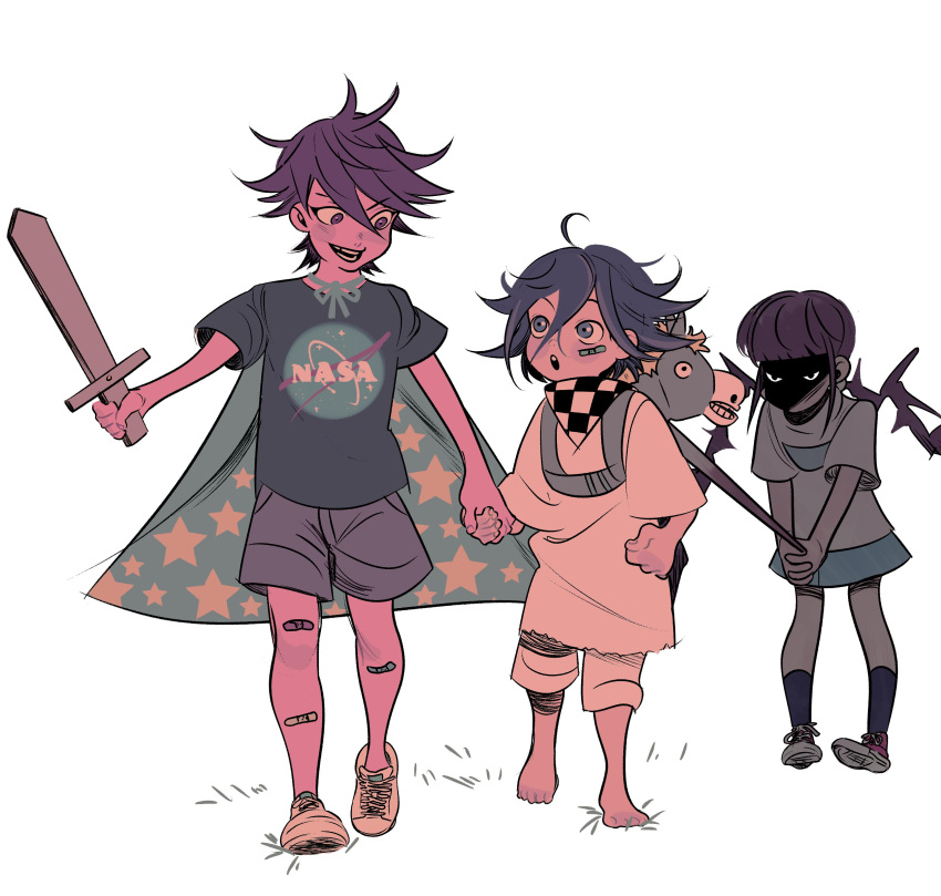 Safebooru - 1girl 2boys absurdres aged down ahoge alternate costume aura bandaid bandaid on ...