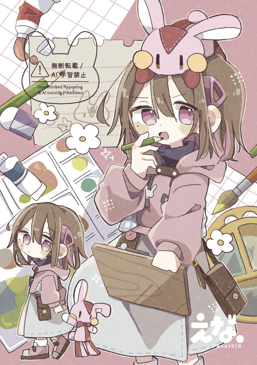 Safebooru - 1girl artist name bag blush brown hair clipboard commentary request ena 1510 eraser ...