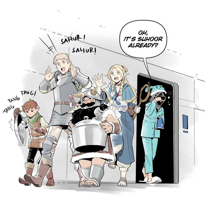 Safebooru - 1girl 1other 3boys absurdres arknights beard blue pajamas chilchuck tims crossover ...