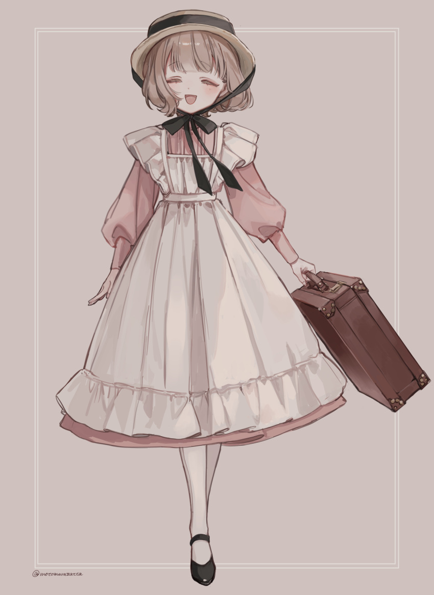 Safebooru - 1girl absurdres apron black ribbon black shoes briefcase brown bag brown hair closed ...