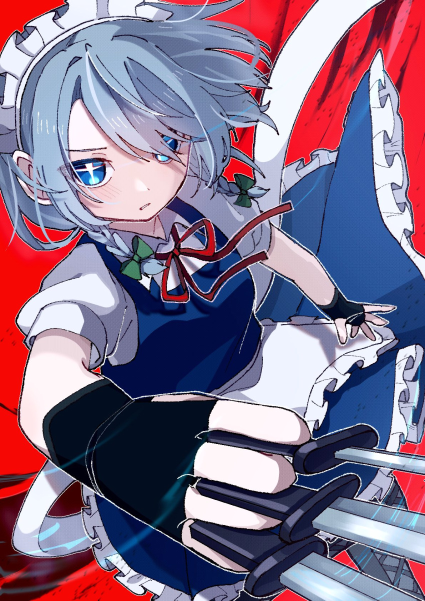 Safebooru - 1girl apron between fingers black gloves blue dress blue eyes bow braid closed mouth ...